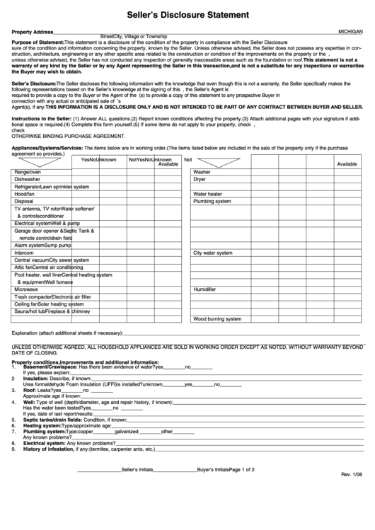 Seller'S Disclosure Statement printable pdf download