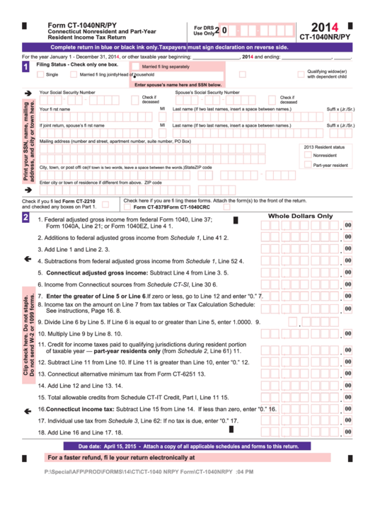 Form Ct-1040nr/py - Connecticut Nonresident And Part-Year Resident ...