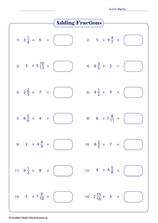 Adding Fractions printable pdf download