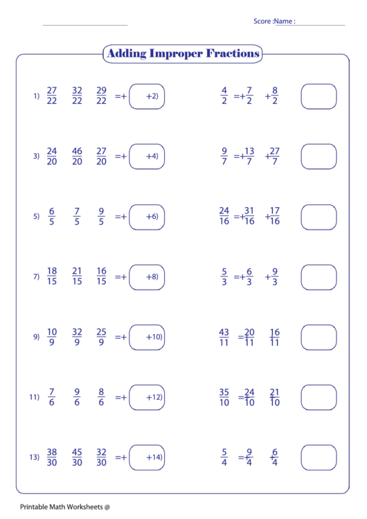 Adding Improper Fractions printable pdf download