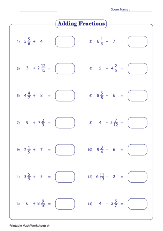 Adding Fractions printable pdf download