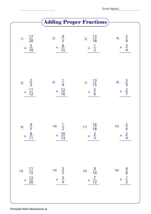 Adding Proper Fractions printable pdf download