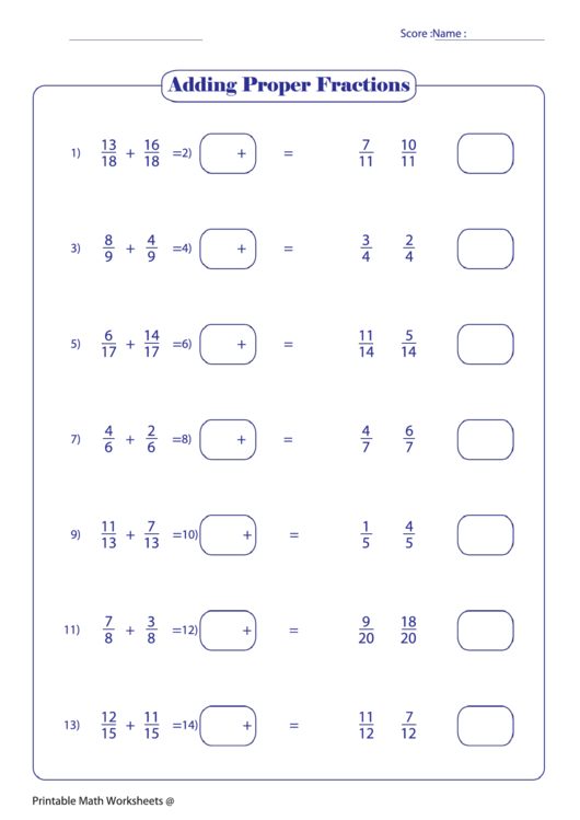 Adding Proper Fractions printable pdf download