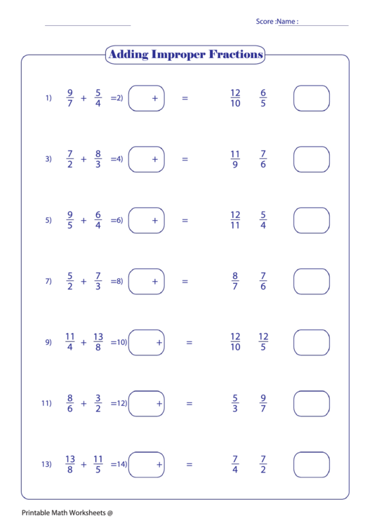 Adding Improper Fractions printable pdf download