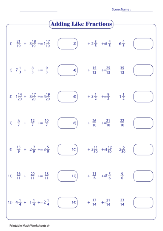 Adding Like Fractions printable pdf download