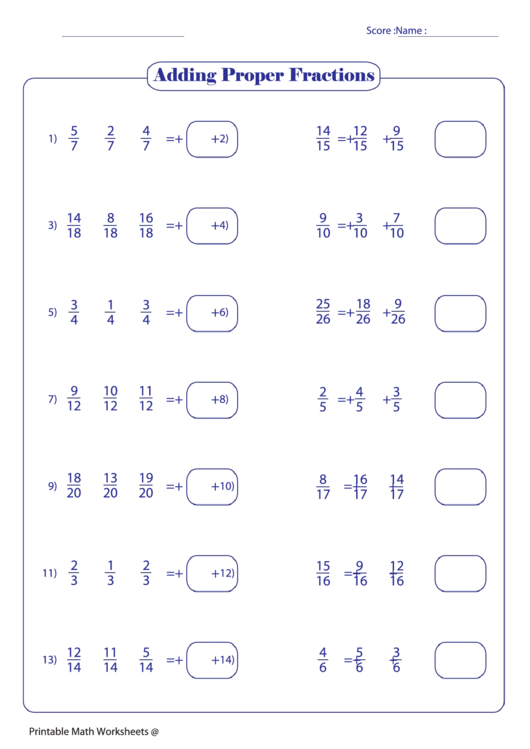 Adding Proper Fractions printable pdf download