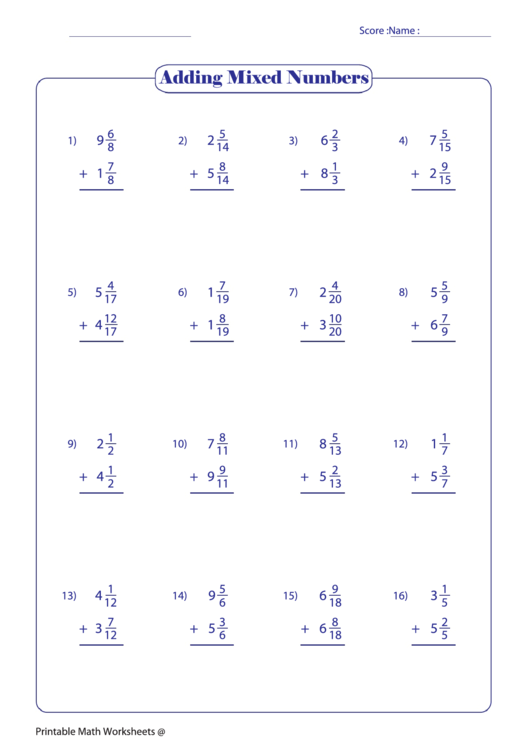 Adding Mixed Numbers printable pdf download