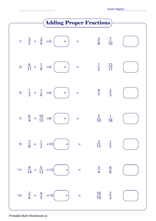 Adding Proper Fractions printable pdf download