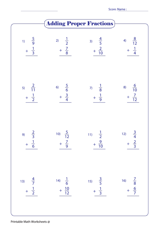 Adding Proper Fractions printable pdf download