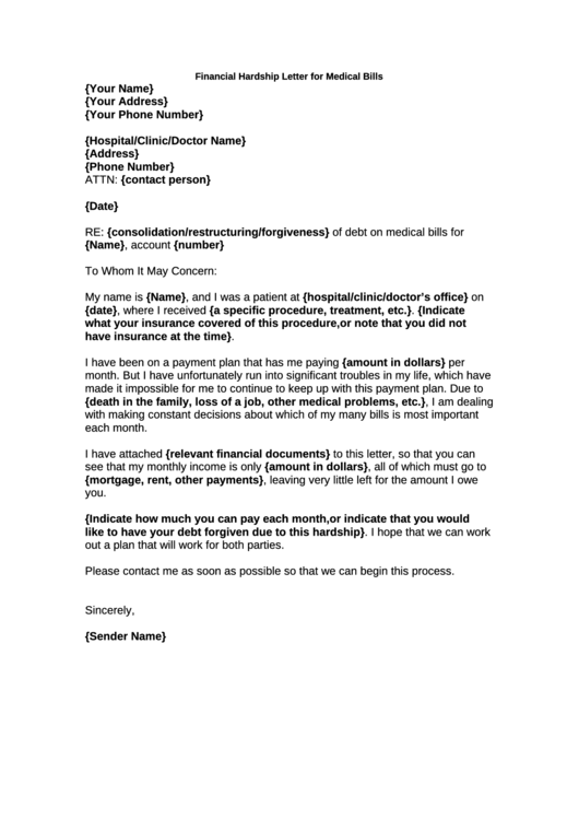Financial Hardship Letter For Medical Bills Printable Pdf Download