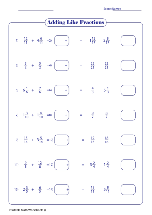 Adding Like Fractions printable pdf download