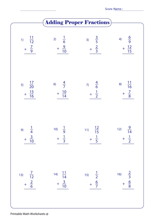 Adding Proper Fractions printable pdf download