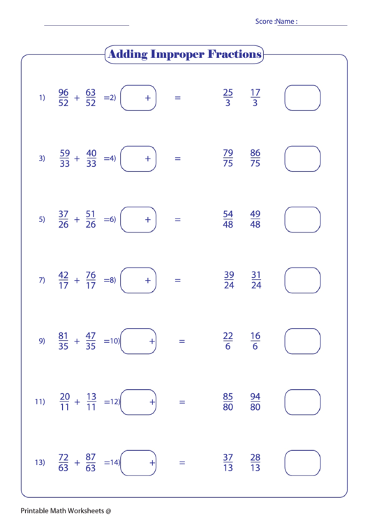 Adding Improper Fractions printable pdf download
