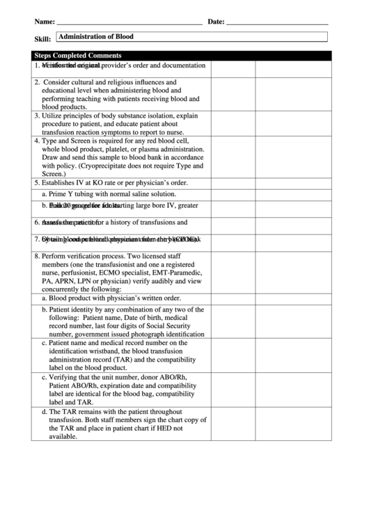 Blood Administration Checklist printable pdf download