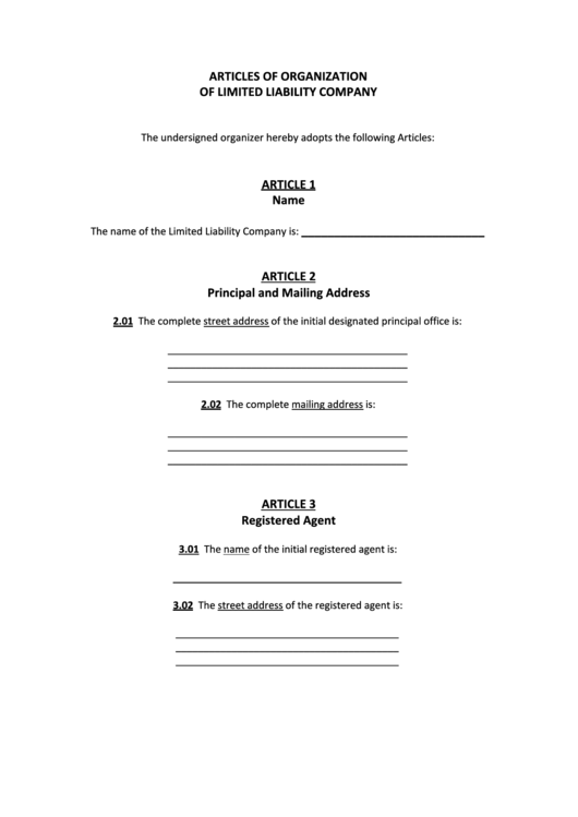 Articles Of Organization Of Limited Liability Company printable pdf ...
