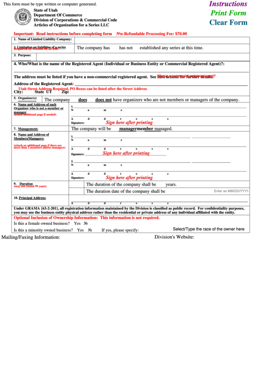Fillable Articles Of Organization For A Series Llc printable pdf download