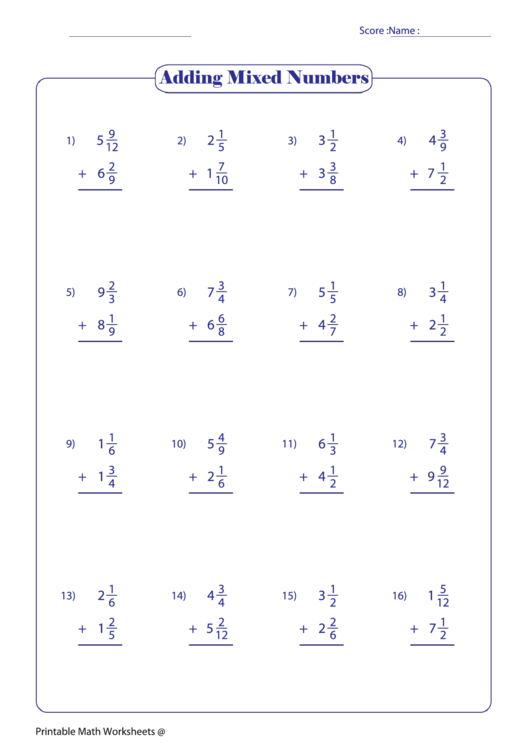 Adding Mixed Numbers printable pdf download