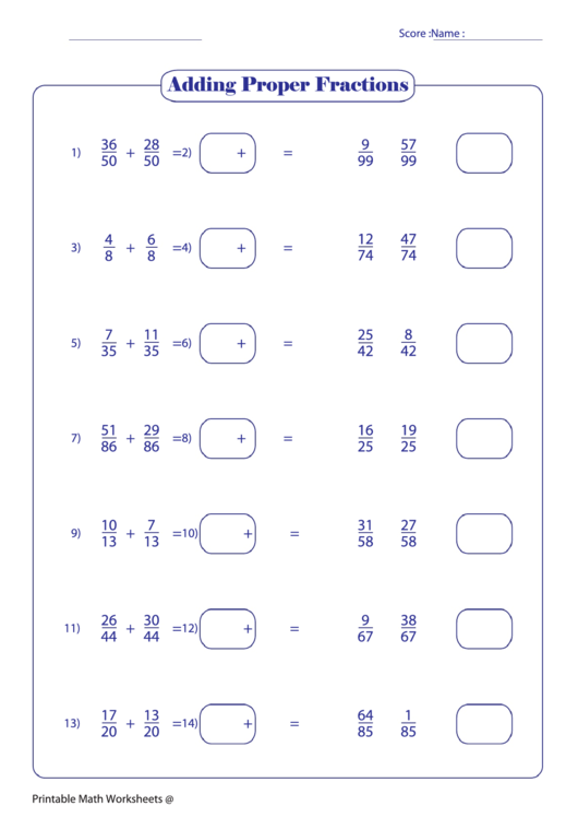 Adding Proper Fractions printable pdf download