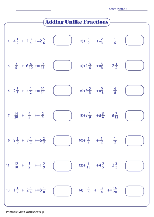 Adding Unlike Fractions printable pdf download