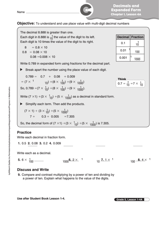 Decimals And Expanded Form Worksheet printable pdf download