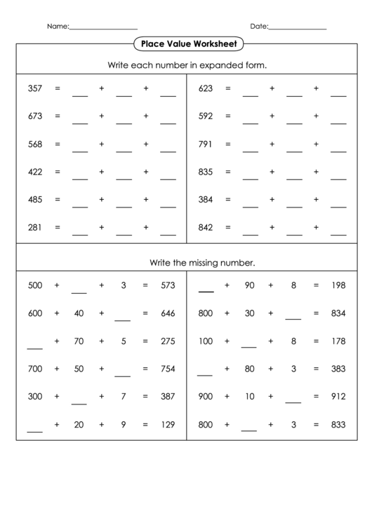 Place Value Worksheet printable pdf download