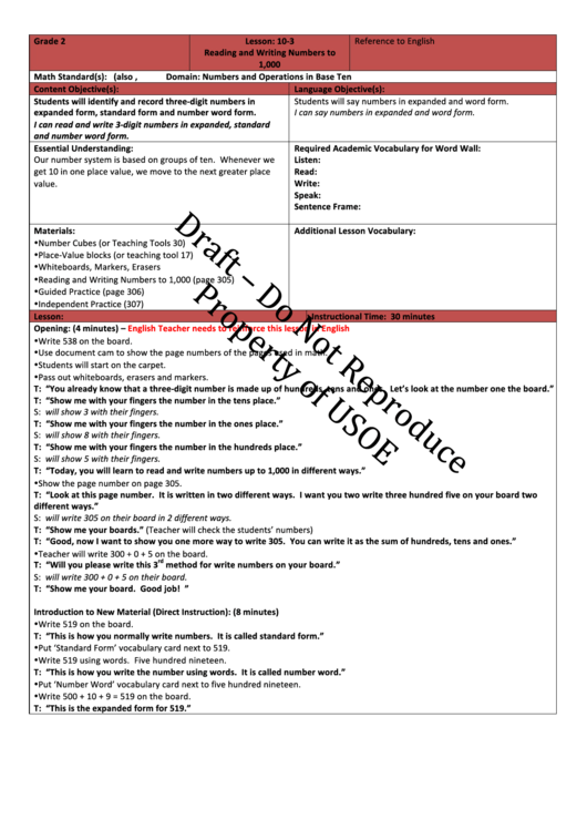 Grade 2 Lesson Plan Reading And Writing Numbers To 1000 Template