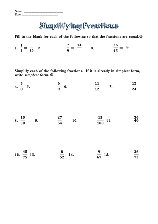 Simplifying Fractions Worksheet Printable Pdf Download