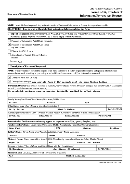 Form G 639 Freedom Of Information Printable Pdf Download