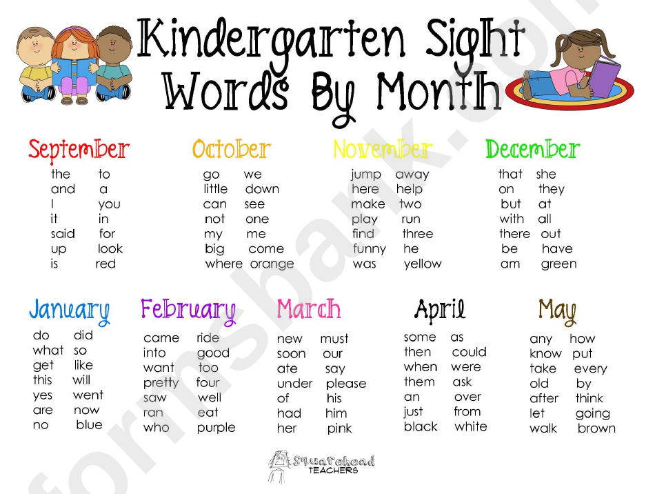 Kindergarten Sight Words By Month printable pdf download