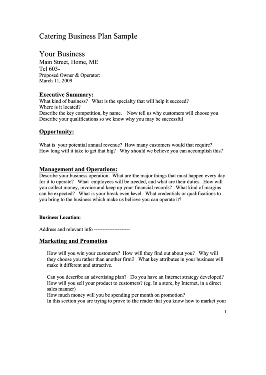 Catering Business Plan Sample Printable Pdf Download