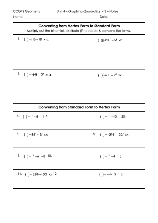 Converting From Vertex Form To Standard Form Printable Pdf Download