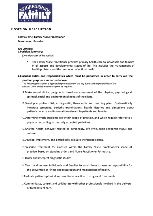 Family Nurse Practitioner Position Description printable pdf download