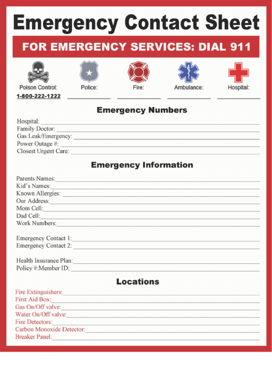Emergency Contact Sheet Printable Pdf Download