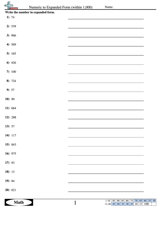 Numeric To Expanded Form 1 Within 1000 Worksheet printable pdf download