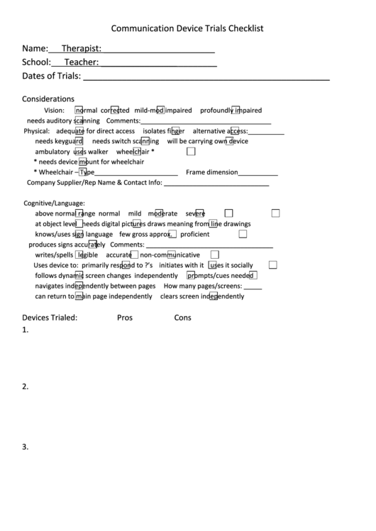 Communication Device Trials Checklist printable pdf download
