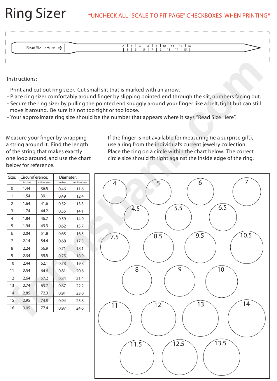 Ring Sizer Chart printable pdf download