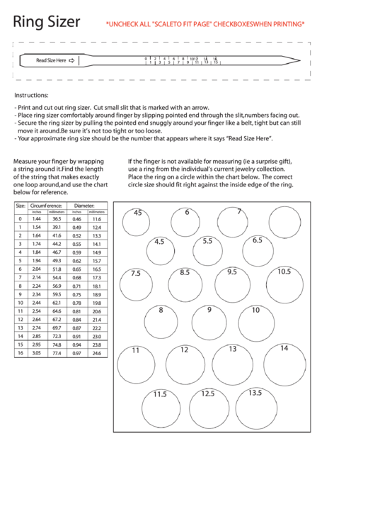 Ring Sizer Chart printable pdf download