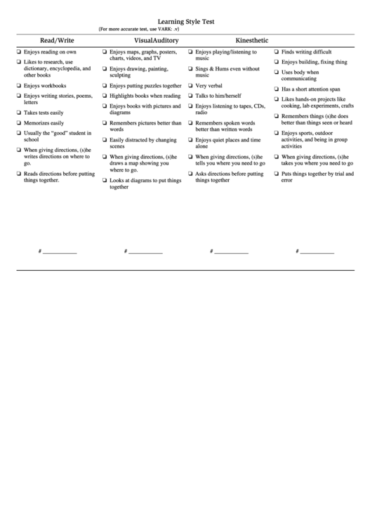 Learning Styles Student Checklist Template printable pdf download