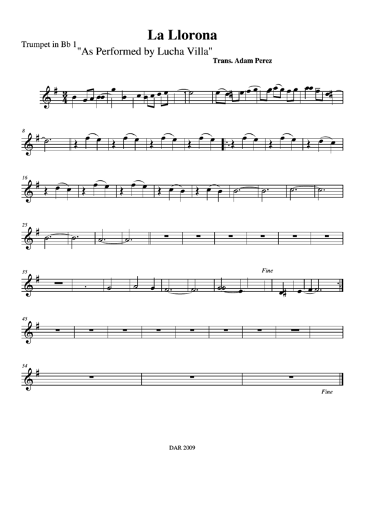 La Llorona As Performed By Lucha Villa Trumpet In Bb 1 printable pdf ...