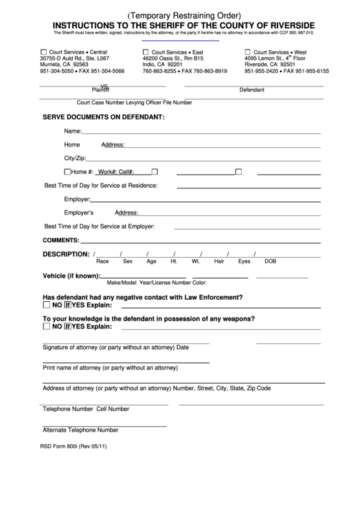 Fillable Temporary Restraining Order Sheriff Of The County Of 