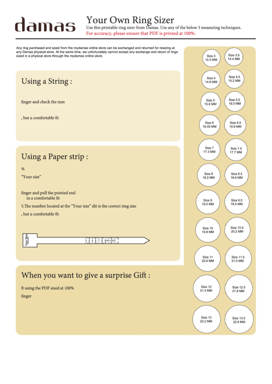 Damas Ring Size Chart printable pdf download