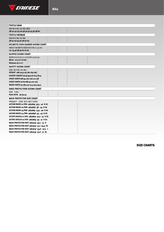 Dainese Bike Size Chart printable pdf download