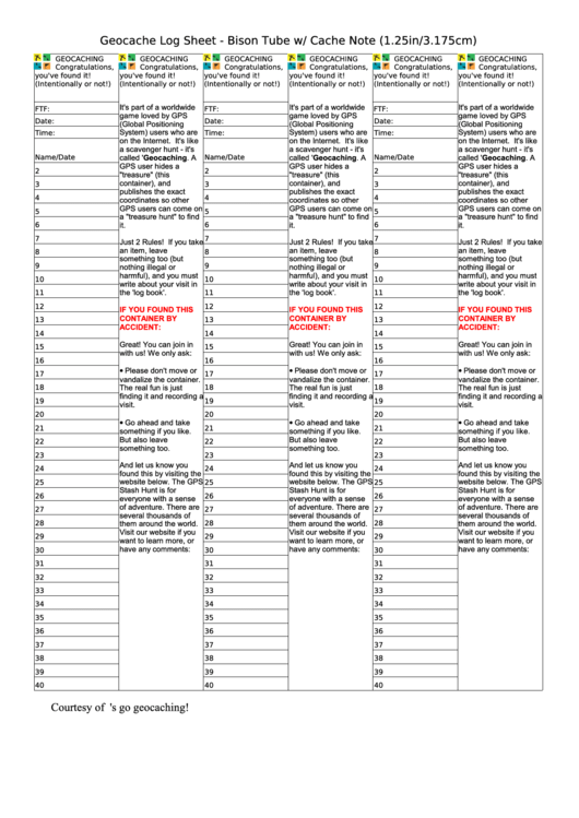 Geocaching Log Sheets printable pdf download