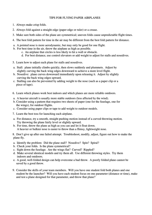 Tips For Flying Paper Airplanes printable pdf download